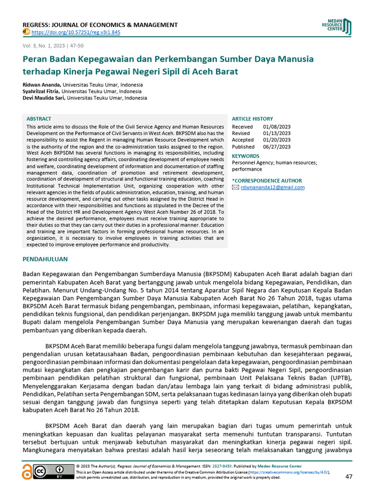 Peran BKPSDM Aceh Barat pada Kinerja PNS | PDF