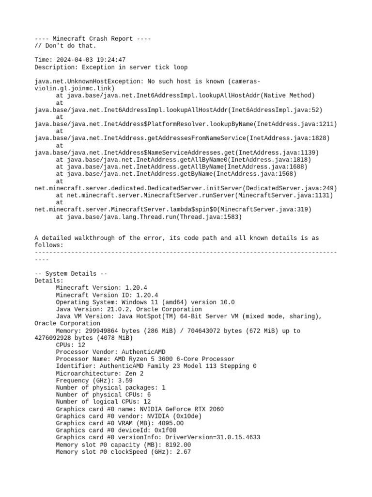 Minecraft Server Crash Report 1.20.4 | PDF | Computing | Computer Architecture