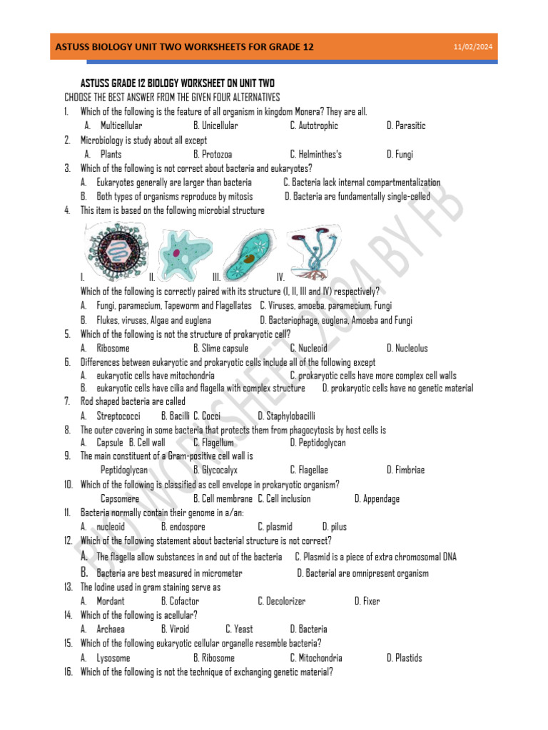 Grade 12 Biology Unit 2 Worksheets | PDF | Cell (Biology) | Bacteria