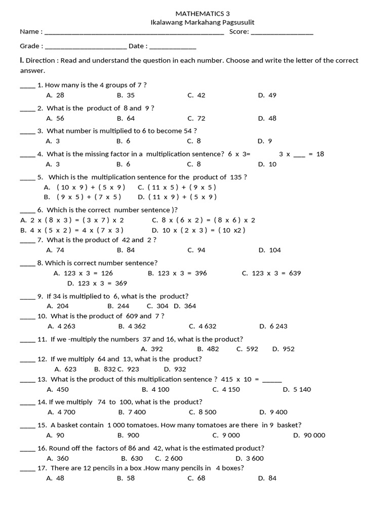 2nd Periodic Test Math 3 Compress | PDF | Multiplication | Elementary ...