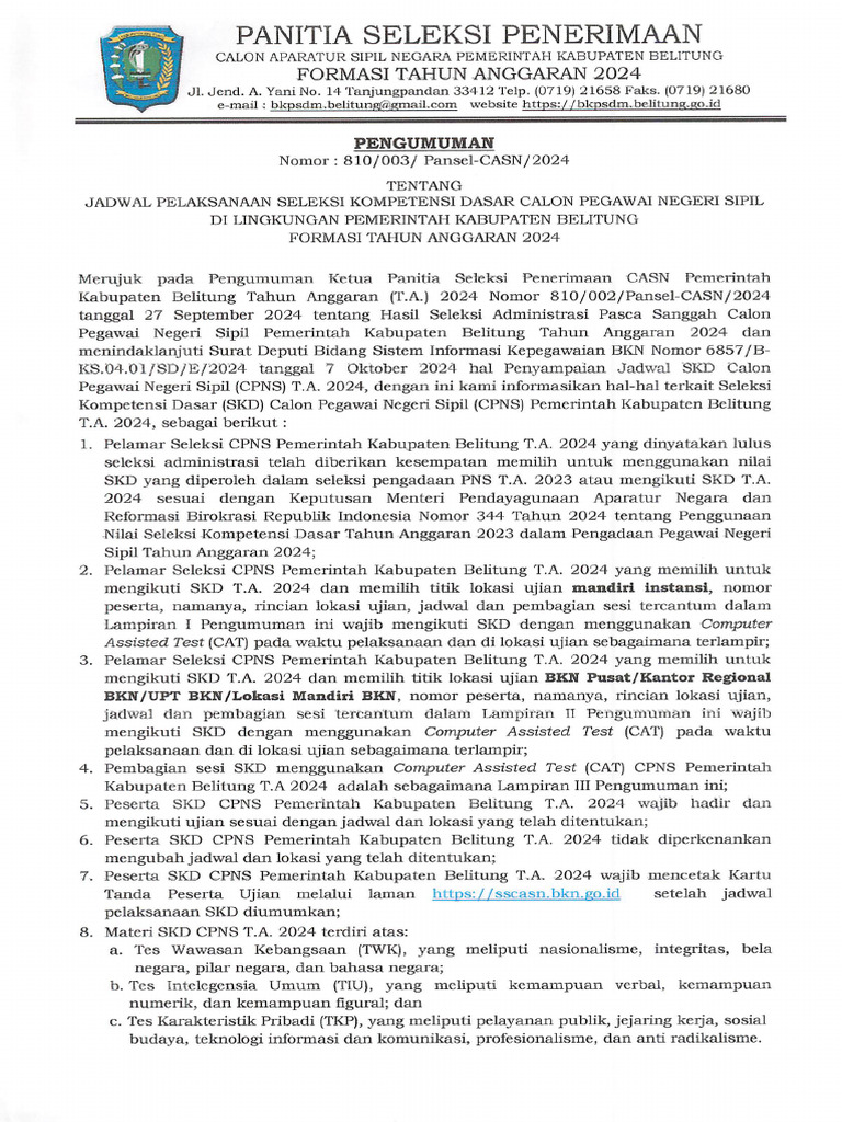 f00cc Pengumuman Jadwal SKD Cpns Tahun 2024 Rev Ok | PDF