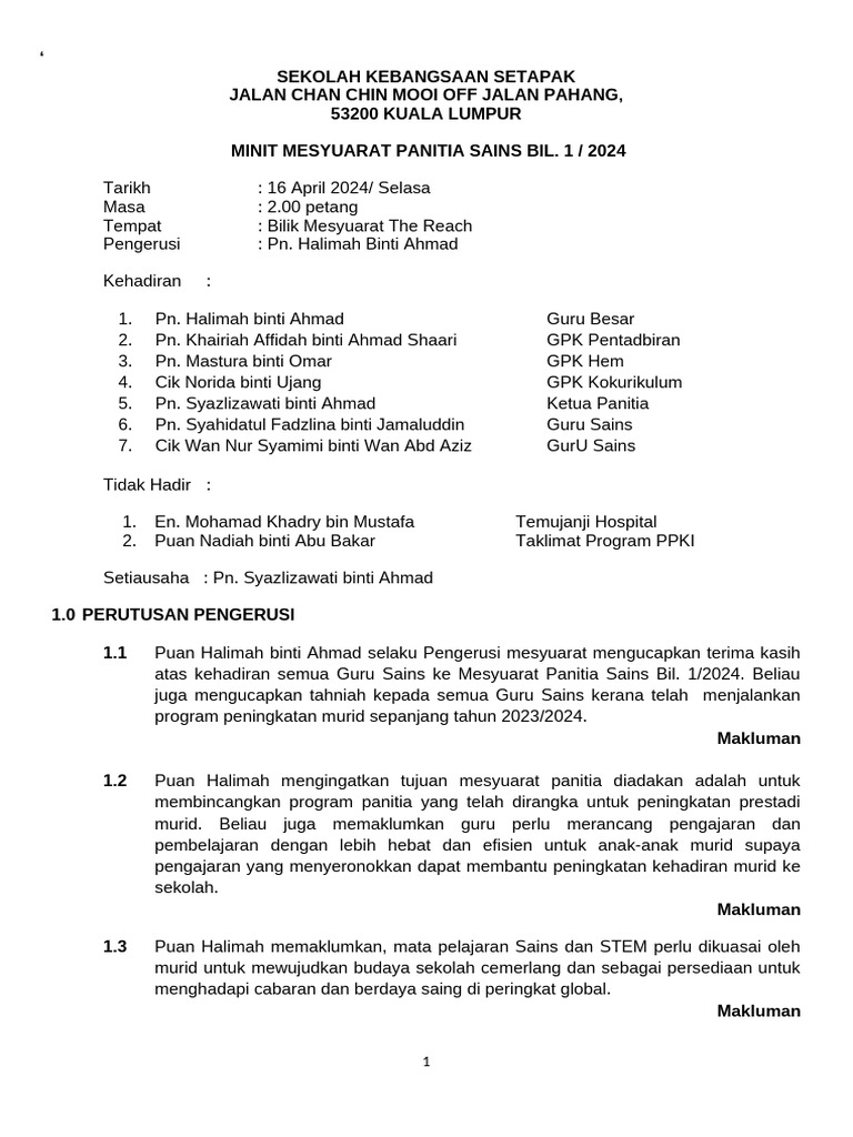 Minit Mesyuarat Panitia Bil 1 2024 | PDF