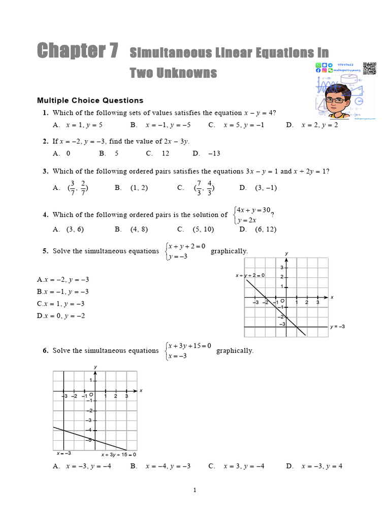 s2 CH 7 Simultaneous Linear Equations in Two Unknowns Q | PDF | Equations | System Of Linear ...