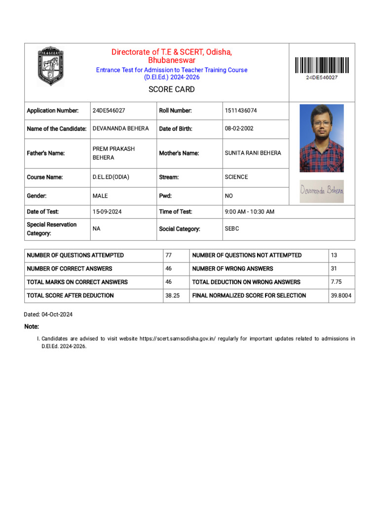 SCERT Score Card | PDF
