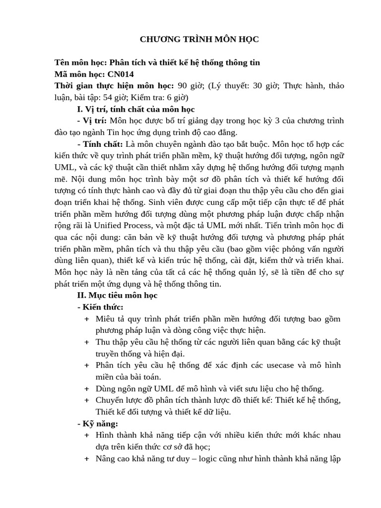 De Cuong Chi Tiet Mon PTTKHTTT | PDF