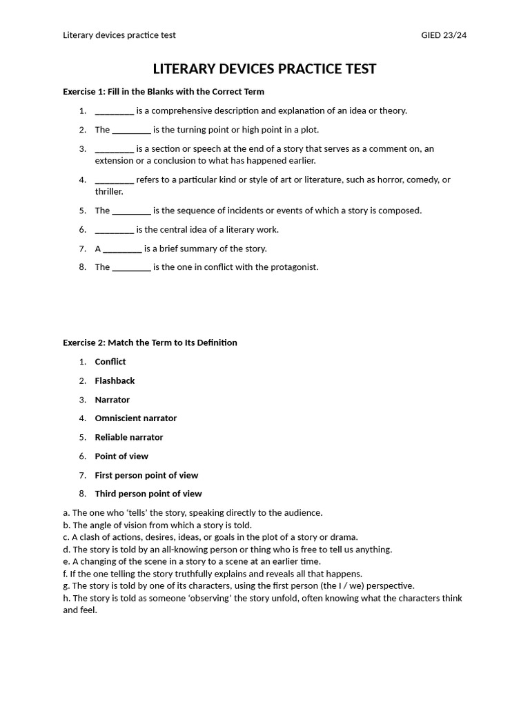 Literary Devices Practice Test + Key | PDF | Narration | Plot (Narrative)