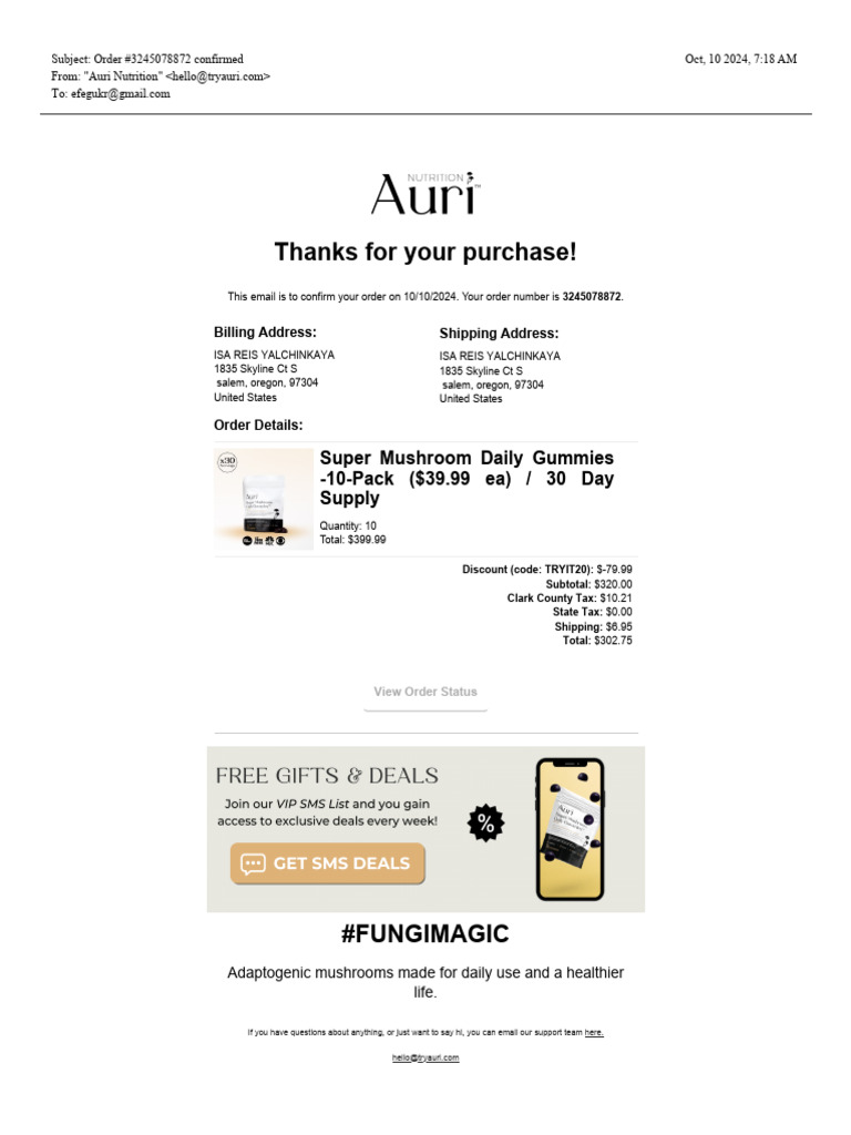 Auri Nutrition Â Orders Â #3245093022 | PDF