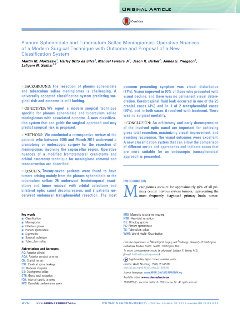 Planum Sphenoidale and Tuberculum Sellae | PDF | Surgery | Clinical ...