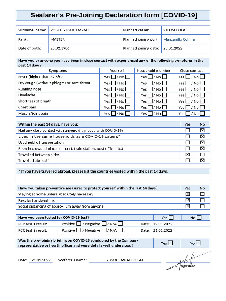 Pre-Joining declaration COVID-19 | PDF | Causes Of Death | Medicine
