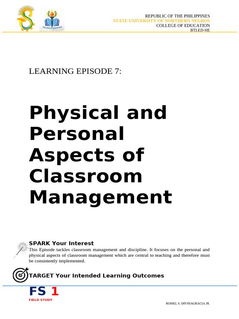 Physical and Personal Aspects of Classroom Management: Learning Episode 7 | PDF | Classroom ...