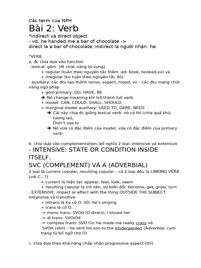 Bài 2: Verb: - Intensive: State or Condition Inside Itself. SVC ...