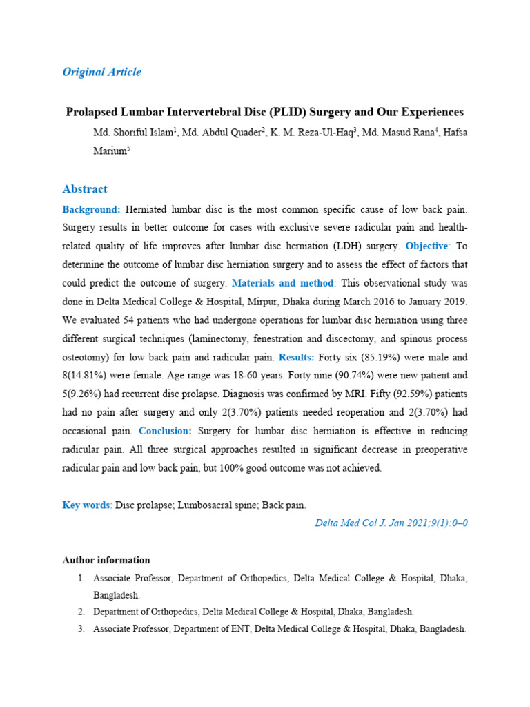 1 Prolapsed Lumbar Interverterbral Disc PLID Surgery and Our ...