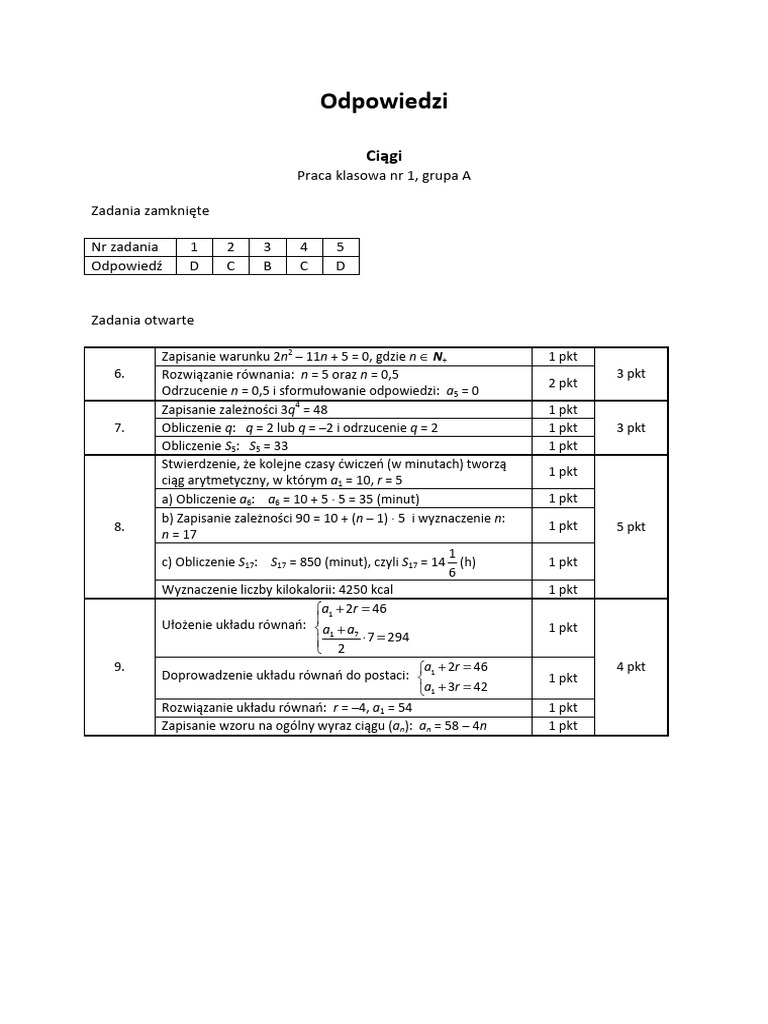 Klasowki Odpowiedzi kl2 Ciagi ZP | PDF