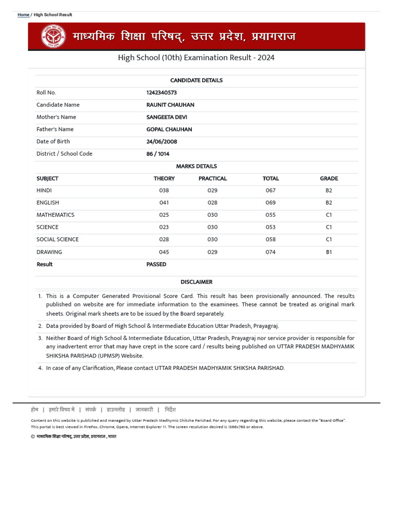 Raunit Chauhan's 2024 Exam Results | PDF