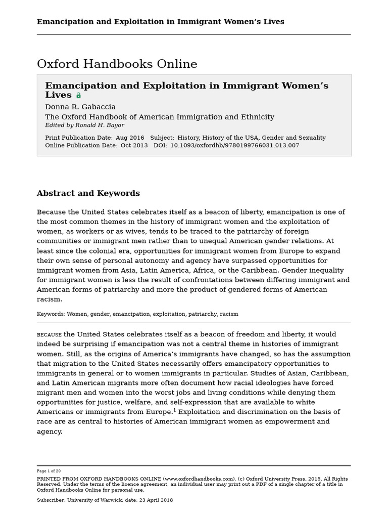 Gabaccia, D. R. (2013) - Emancipation and Exploitation in Immigrant ...