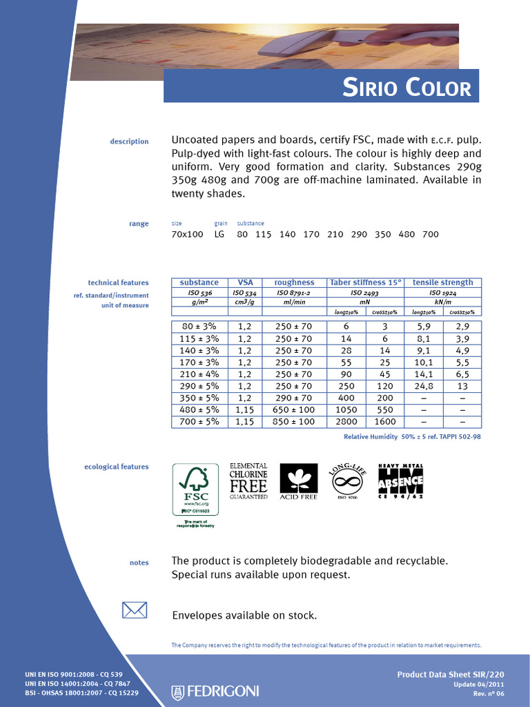 Sirio Color Uncoated Paper Specifications | PDF | Printing | Paper