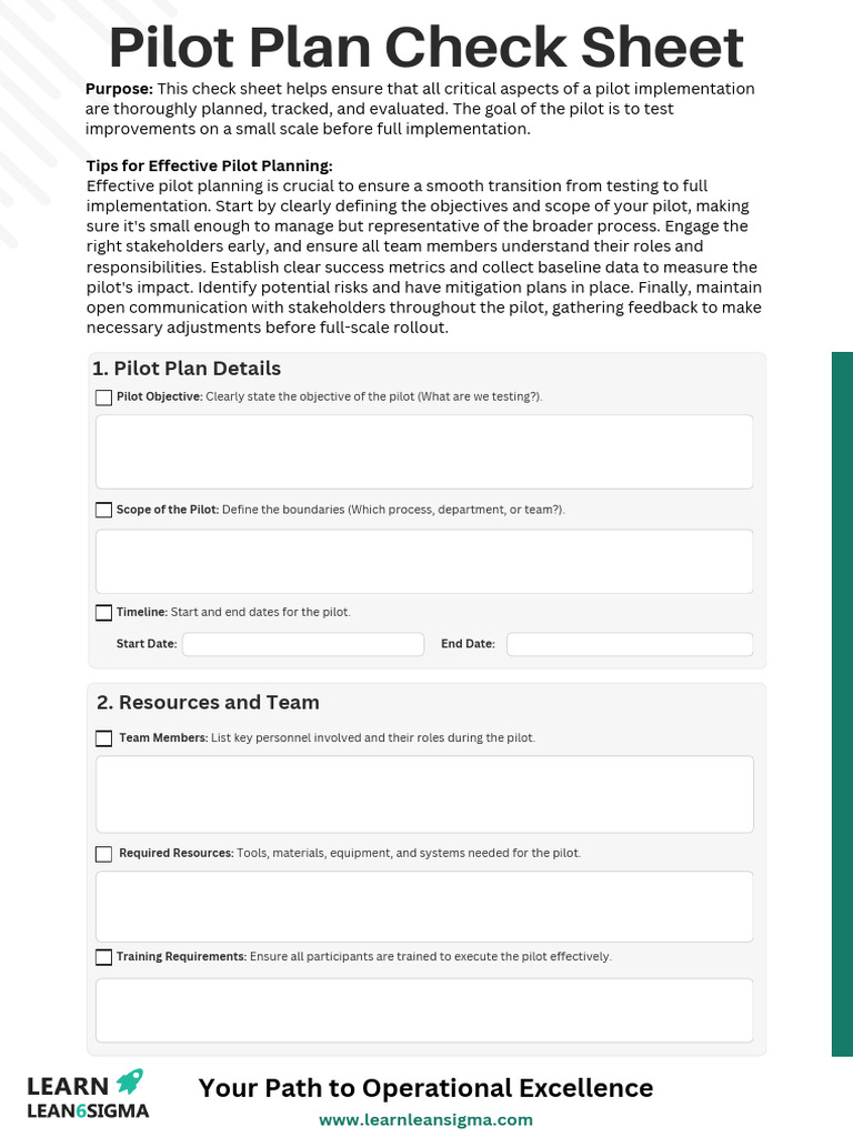 Pilot Plan Check Sheet LearnLeanSigma | PDF | Risk | Performance Indicator