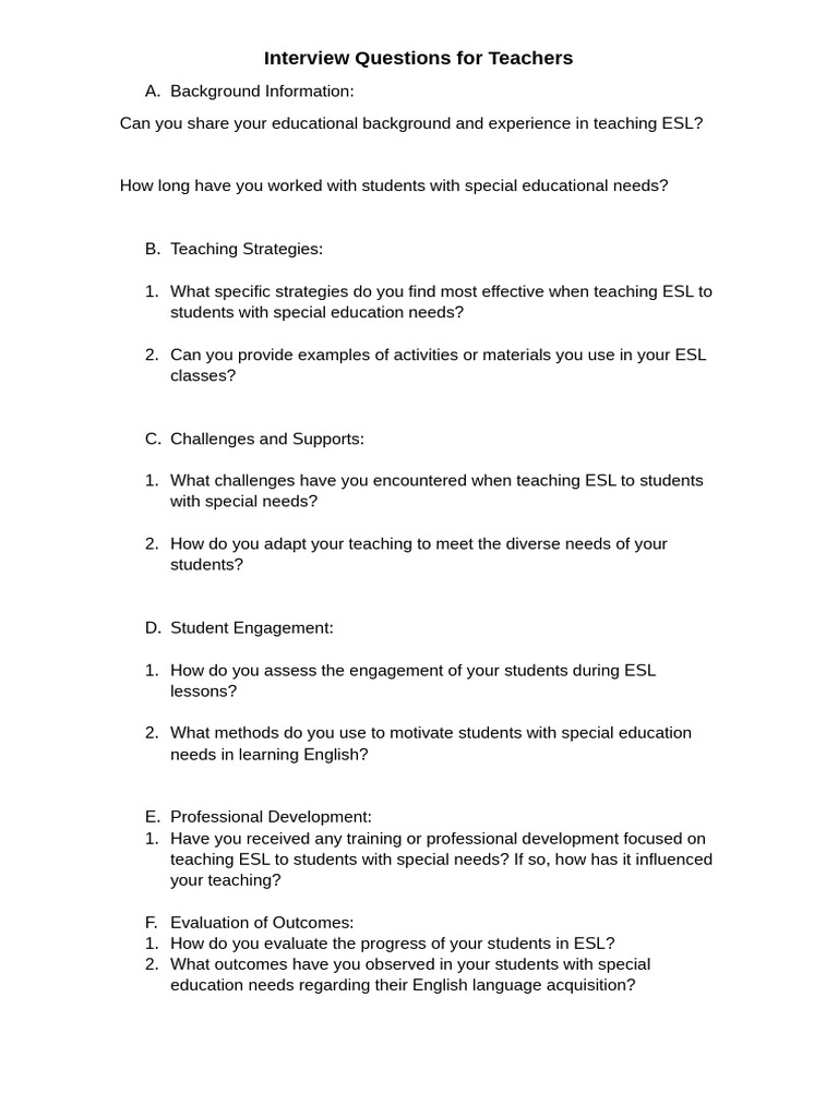 Interview Questions For Teachers | PDF | Teachers | English As A Second ...