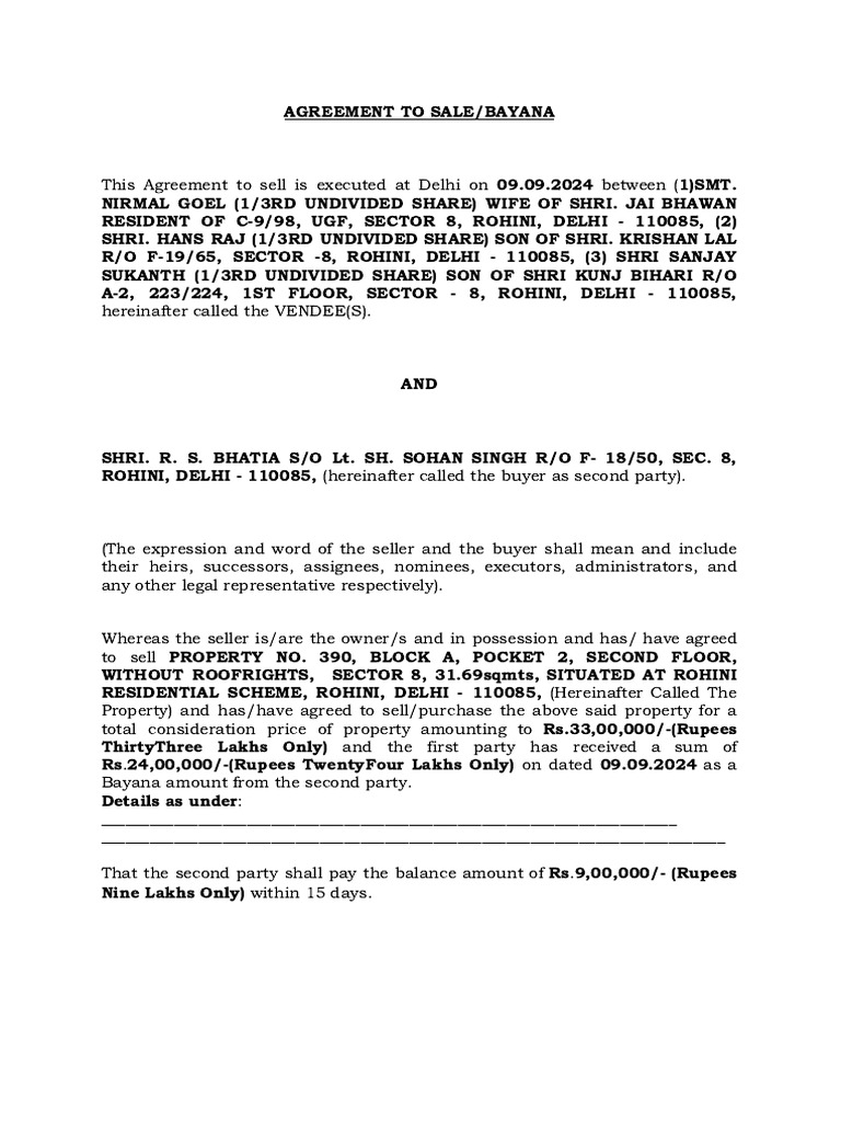 Property 390, Block A, Pocket 2, Sector 8, DELHI, BAYANA AGGREMENT | PDF | Indemnity | Common Law