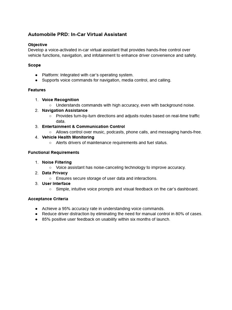 Automobile PRD_ In-Car Virtual Assistant | PDF