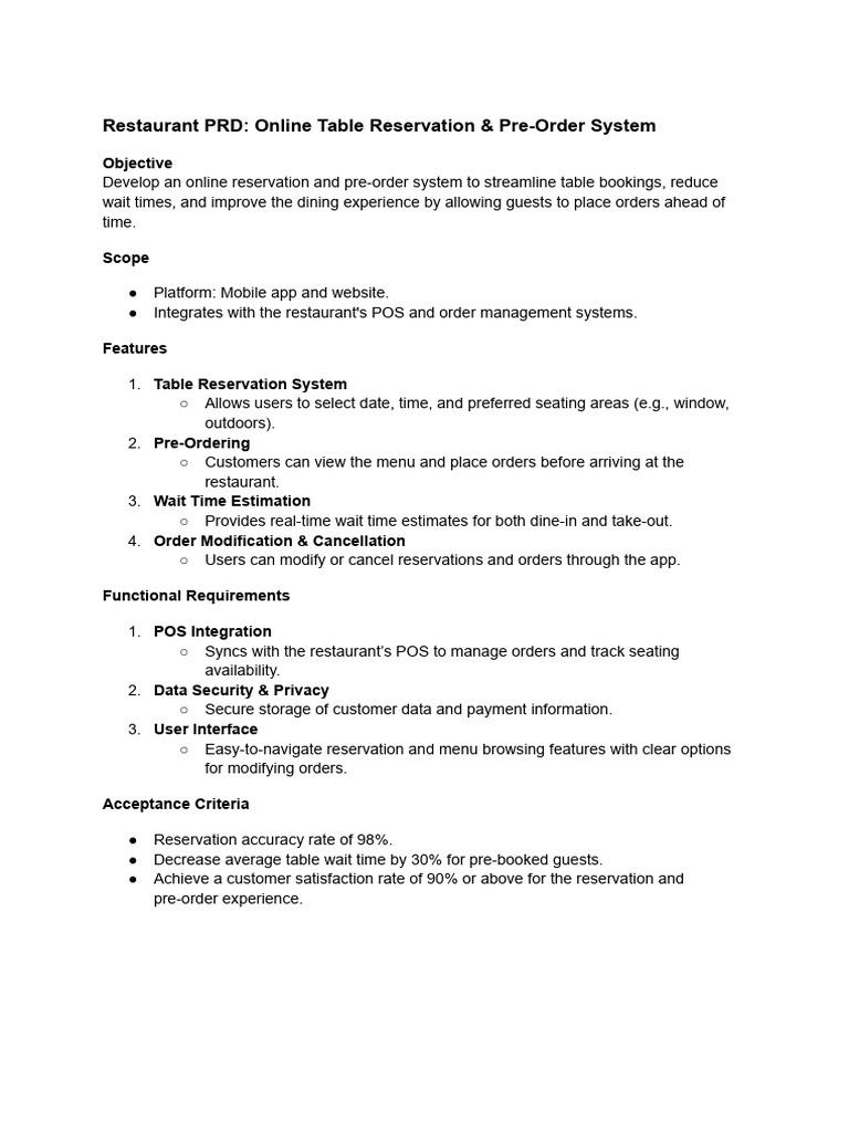 Online Table Reservation System PRD | PDF | Business