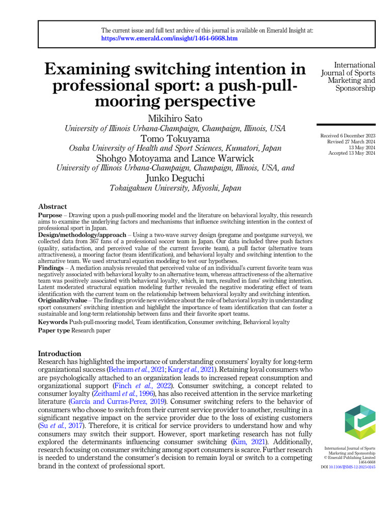 Examining Switching Intention in Professional Sport: A Push-Pull ...