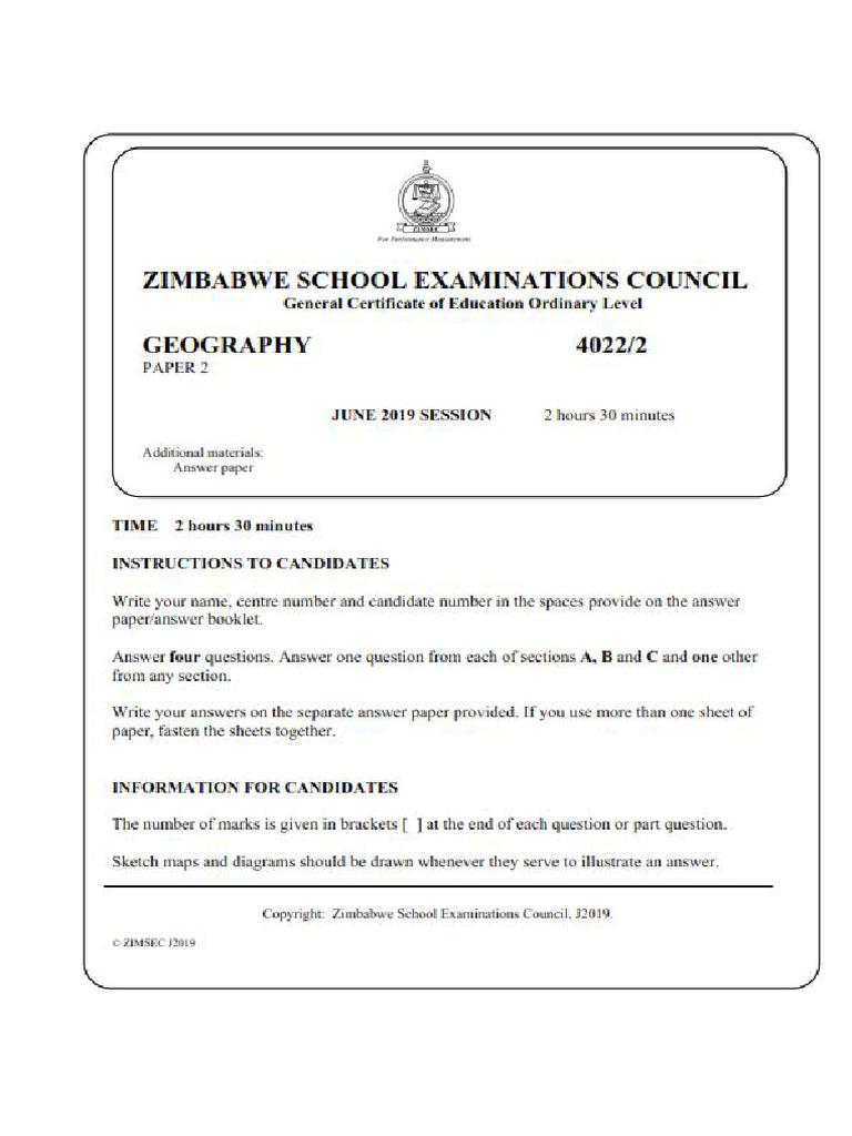 Zimsec O Level Geography June 2019 Past Exam Paper 2 With Answers | PDF
