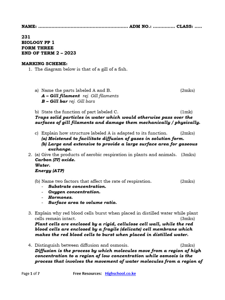 F3 Biology PP1 End Term 2 2023 Marking Scheme | PDF | Gill | Cellular ...