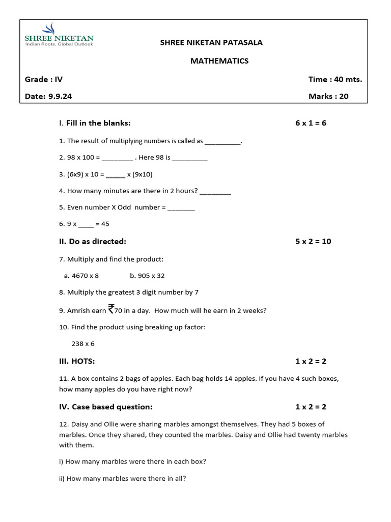 G4 Math - Multiplication QP | PDF