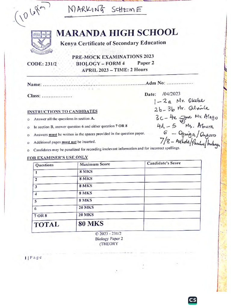 2023 Maranda Pre-Mock BIOPP2MS | PDF
