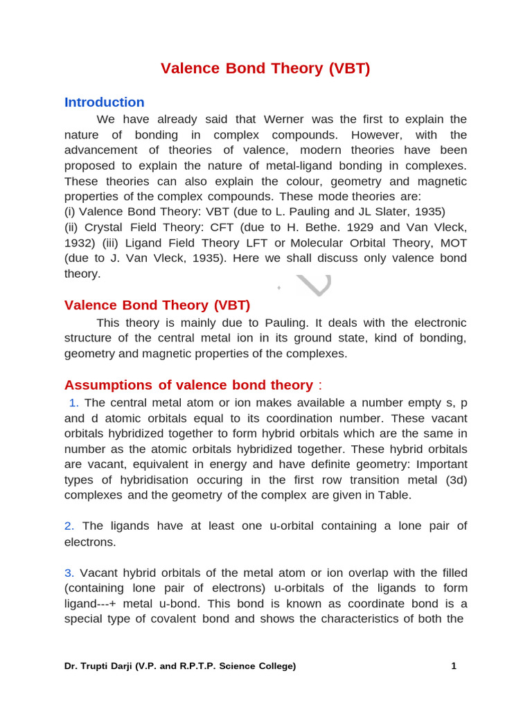 US03CCHE21 Unit-2 (A) VBT | PDF | Coordination Complex | Chemical Bond