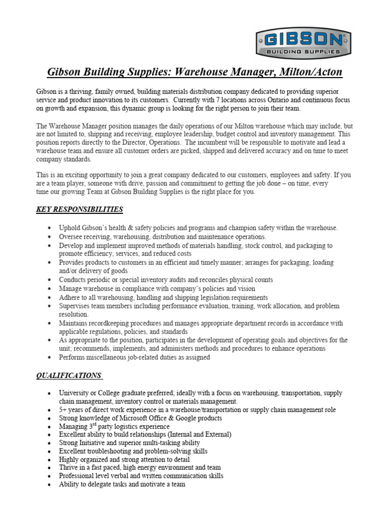 Warehouse Manager Job at Gibson Supplies | PDF | Warehouse | Inventory