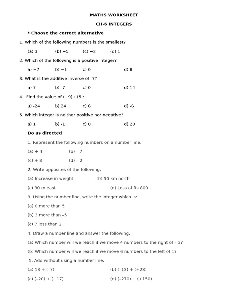 STD 6 Worksheet Ch6 Integers | PDF