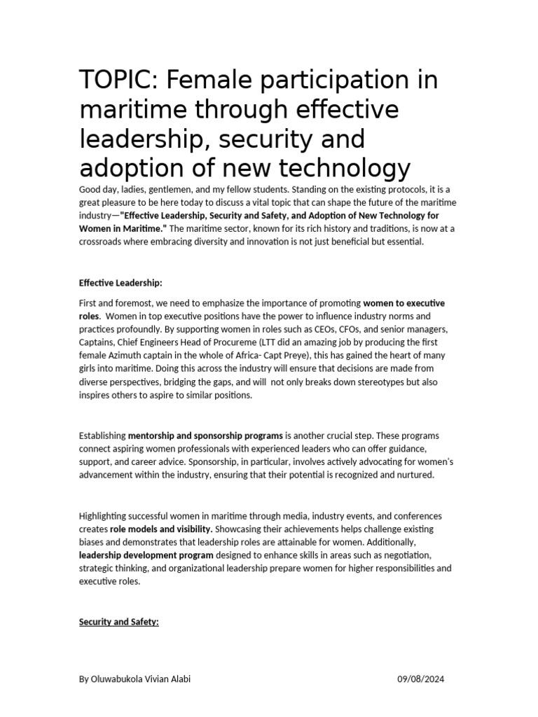 Vivian Presentation - Female Participation in Maritime | PDF | Diversity (Business) | Leadership