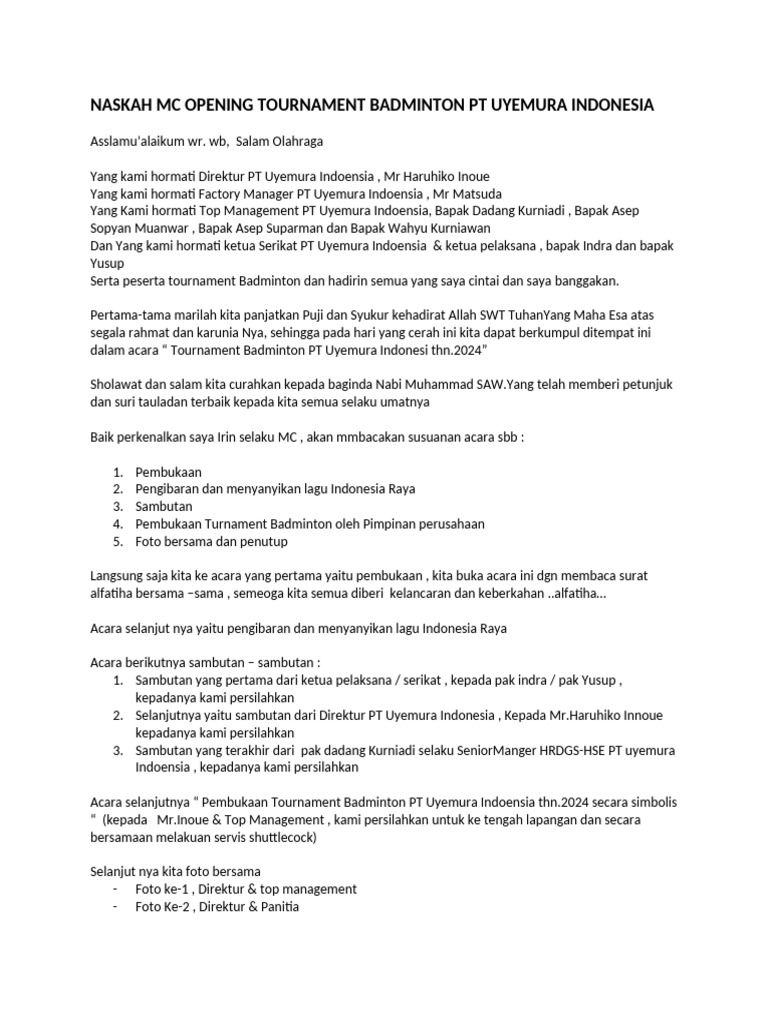 Naskah MC Pembukaan Turnamen Badminton | PDF