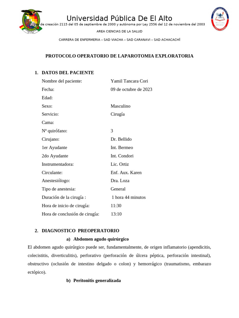 PROTOCOLO OPERATORIO LAPAROTOMIA EXPLORATORIA + PERITONITIS | PDF ...