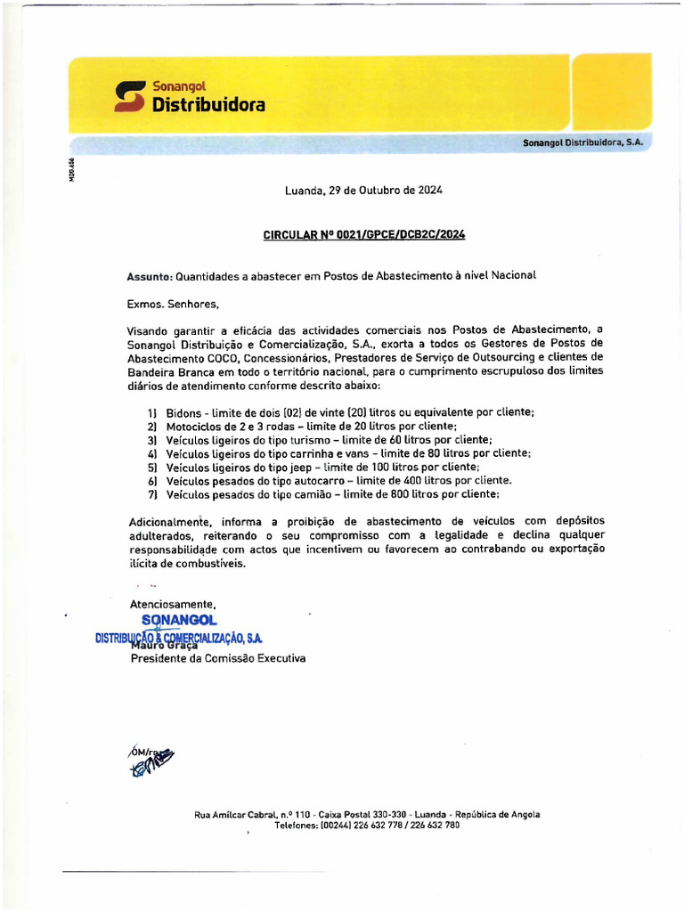 Circular #0021 Quantidades A Abastecer em Postos de Abastecimento A Nível Nacional | PDF