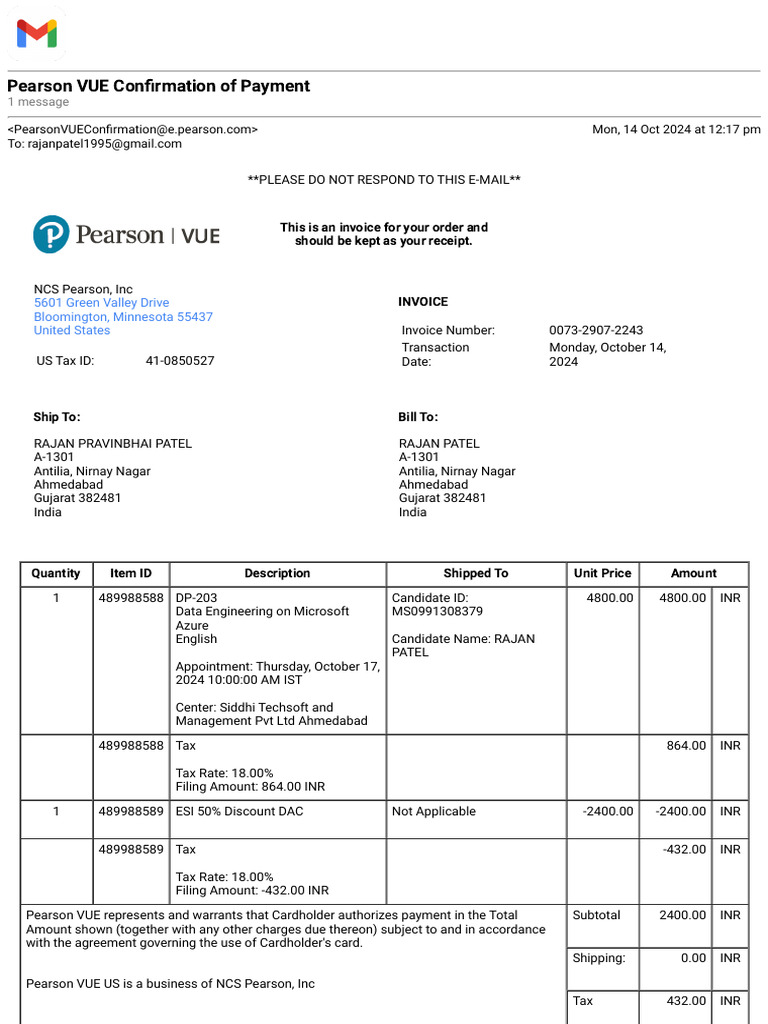 DP-203 Exam Receipt | PDF | Value Added Tax | Taxes