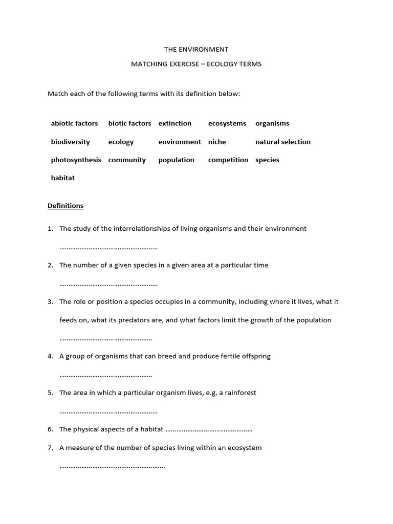 Ecological Terms - Worksheet | PDF
