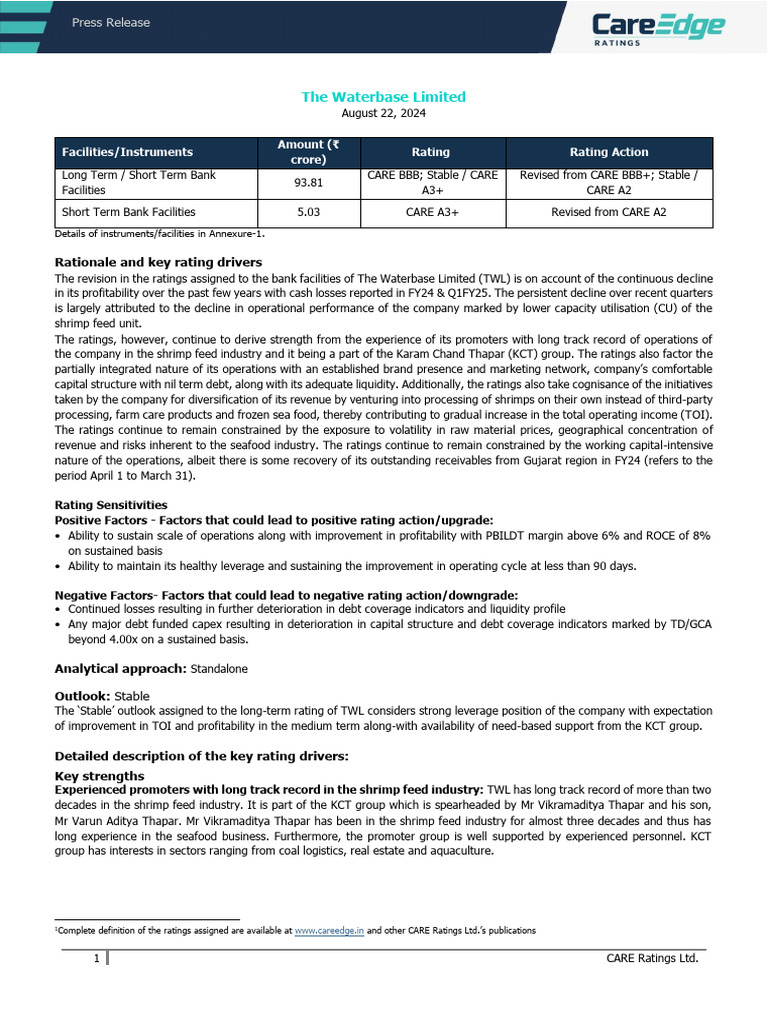 Waterbase Ltd. Rating Update 2024 | PDF | Market Liquidity | Banks