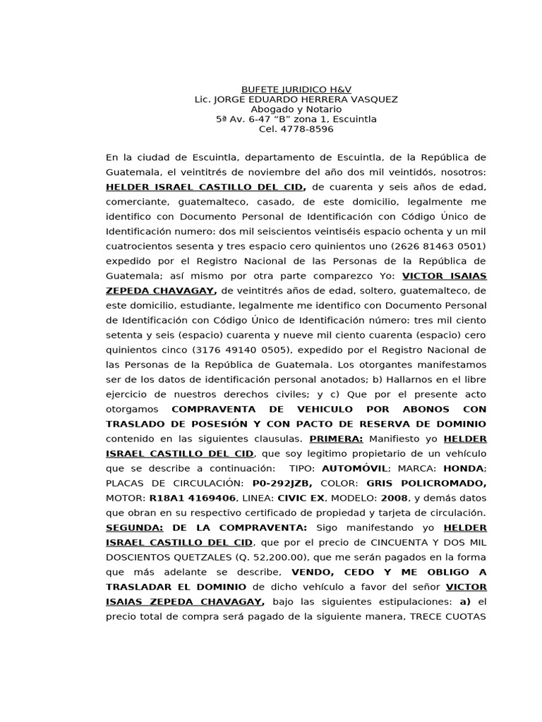 Compraventa de Vehiculo Autoventas Castillo Victor Isaias Zepeda ...