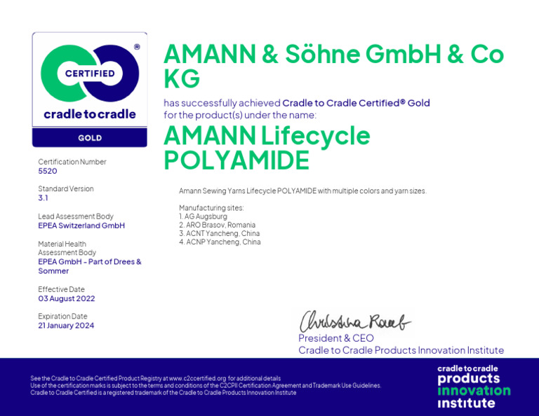 Cradle To Cradle Gold Lifecycle Polyamide Certificate | PDF