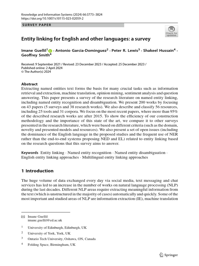 Entity Linking For English and Other Languages: A Survey | PDF | Artificial Neural Network ...