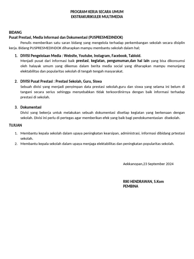 Program Kerja Multimedia Club Mulankuh (Puspresmedindok) | PDF | Ilmu Sosial