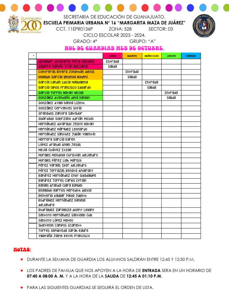 Rol de Guardias Mes de Octubre 4to Grado 2024 - 2025-1 | PDF