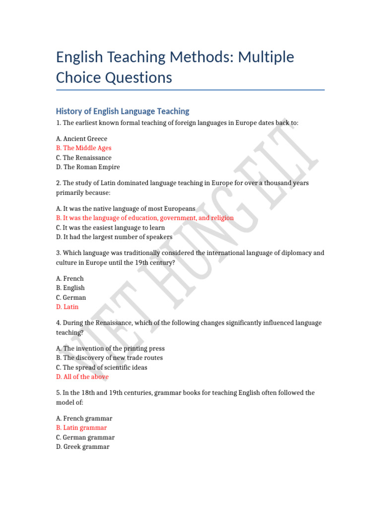 English Teaching Methods Questions | PDF | Language Education ...