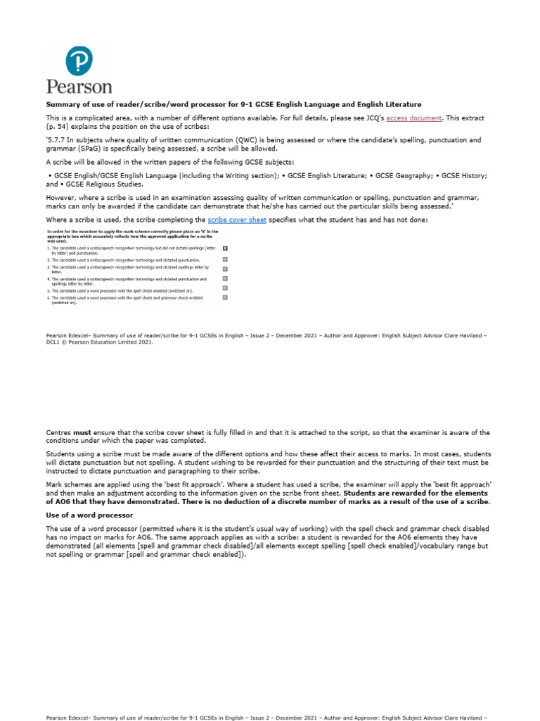 GCSE English Reader/Scribe Guidelines | PDF | English Language | Writing