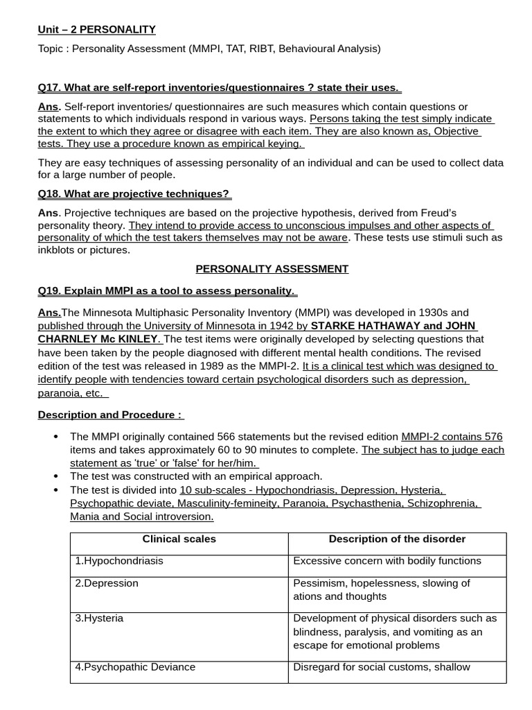 Mmpi. Tat, Ribt, Behavioural Analysis (Unit 2) Personality | PDF | Psychopathy | Psychology