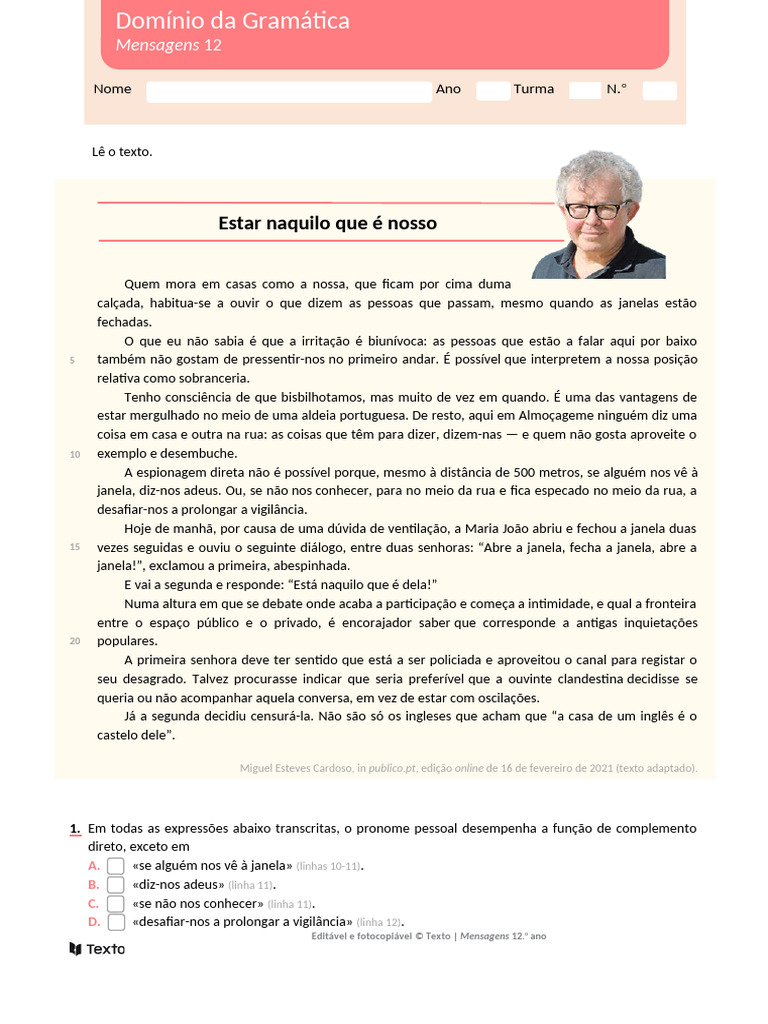 TEXTO Ficha Gramatica MSG12 | PDF | Pronome | Assunto (gramática)