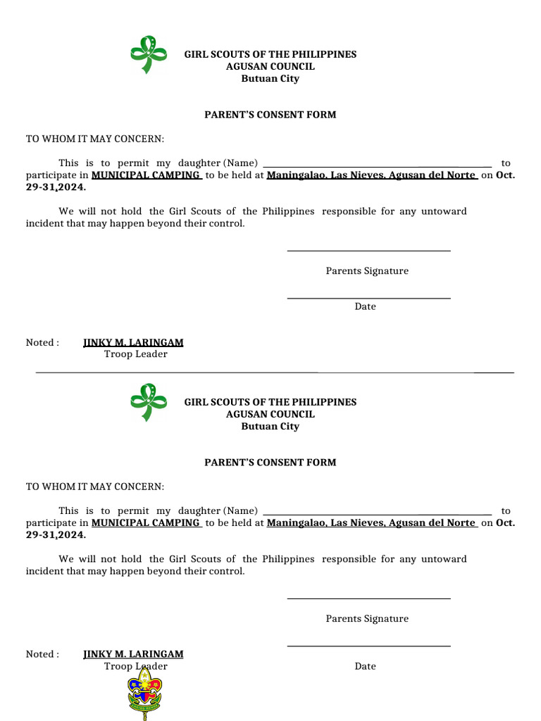 GSP Parents Consent | PDF | Outdoor Recreation Organizations | Youth Organizations